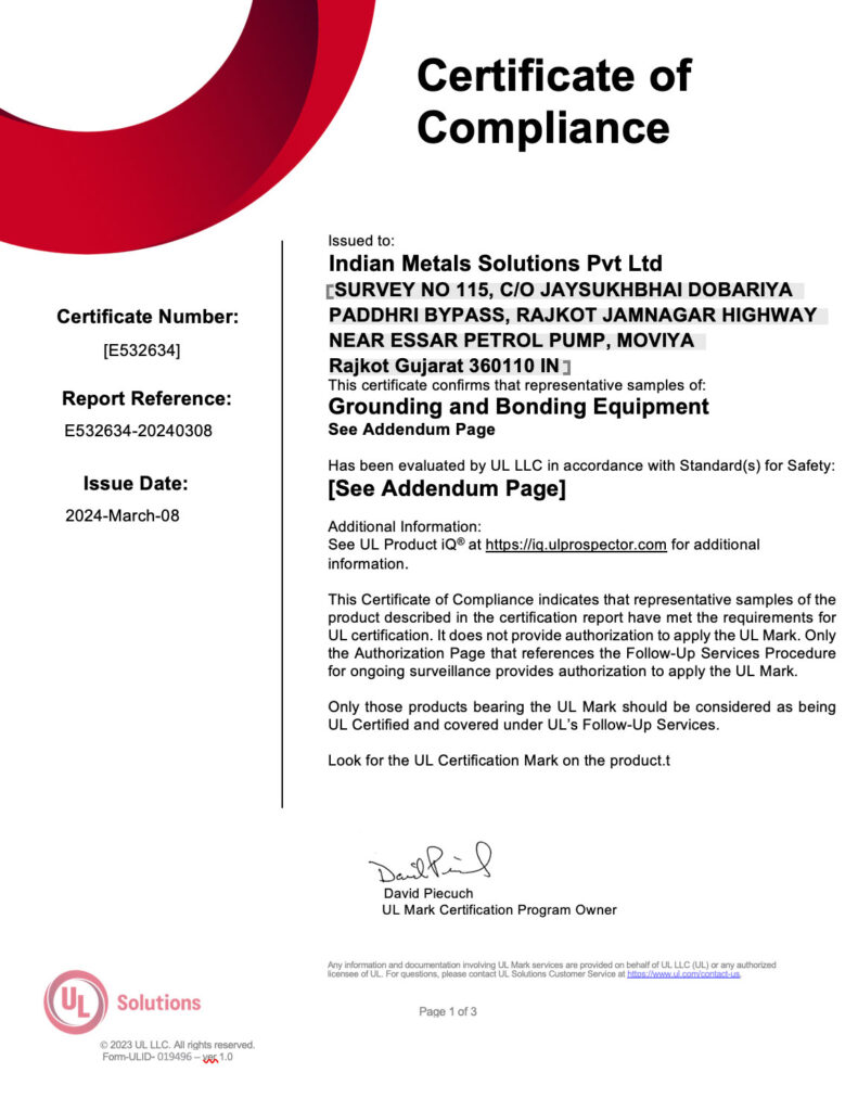 UL Certificate – Indian Metal Solutions